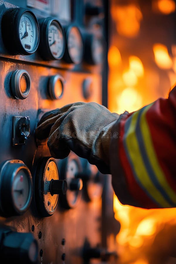 Close-up of a Firefighter Testing Panel during Emergency Operations at ...