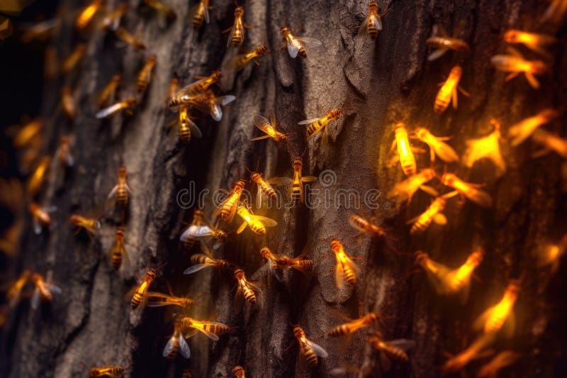Close-up of Fireflies Glowing on Tree Bark at Night Stock Illustration ...