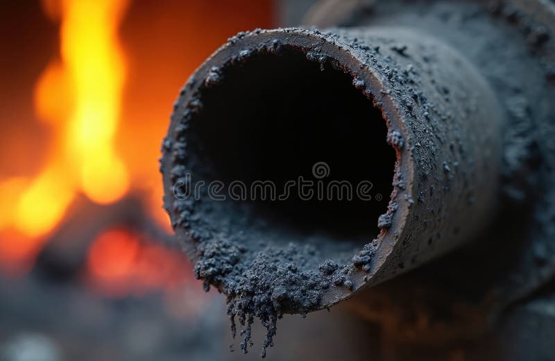 Close-up Fireplace Chimney Pipe Covered Thick Layer of Soot. Fire ...