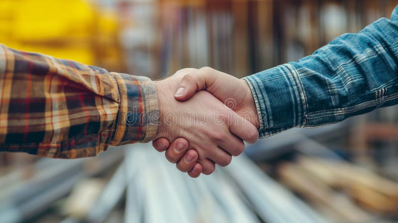 Construction Workers Handshake at Job Site Stock Image - Image of ...