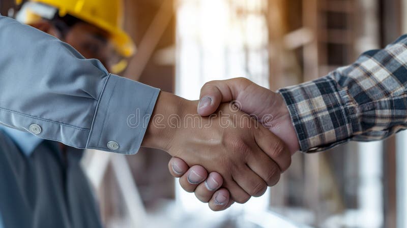 Construction Workers Handshake at Job Site Stock Image - Image of ...