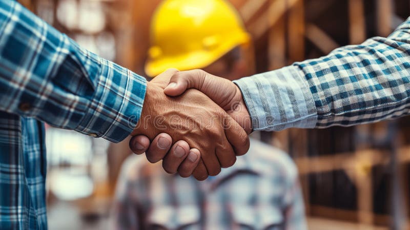 Construction Workers Handshake at Job Site Stock Photo - Image of ...