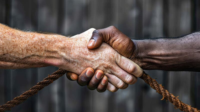 Close-up of a Firm Handshake between Two Diverse Hands Over a Rope ...