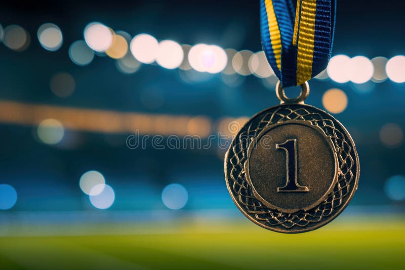 Close-up of a First Place Medal with Blue and Yellow Ribbon. Stock ...