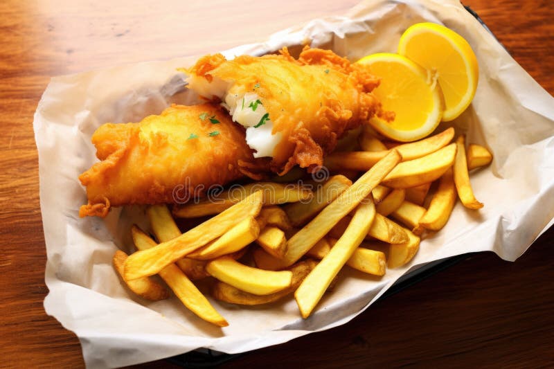 Close-up of Fish and Chips Served on Plain Paper Stock Illustration ...