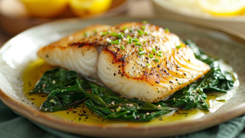 A Close Up of a Fish Dish with Spinach and Lemon, AI Stock Illustration ...
