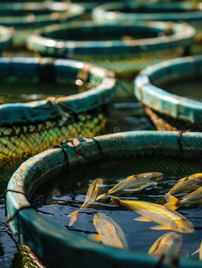 A Closeup of a Fish Farm with Several Green Fish Cages Filled with Fish ...