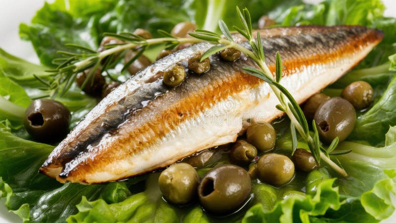 A Close Up of a Fish with Olive and Lettuce on Top, AI Stock Image ...