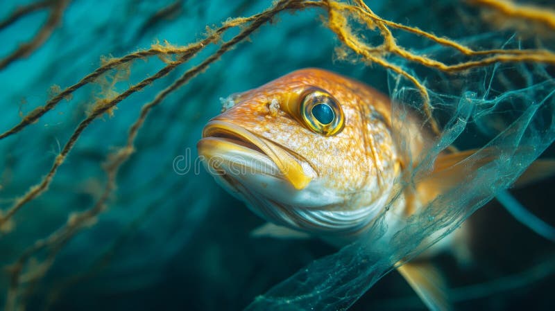 A Close-Up of a Fish Trapped in a Plastic Net Underwater Stock ...