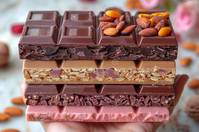 Assorted Chocolate Bars with Nuts and Dried Fruits in Hand, Stacked ...