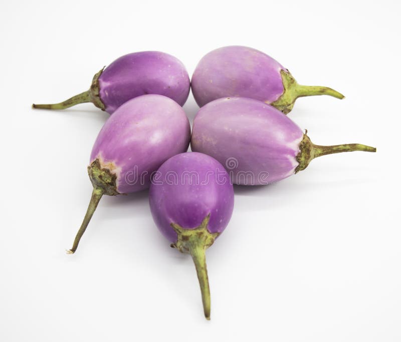 Close-up Five Round Purple Brinjal on White Background, Packaging ...