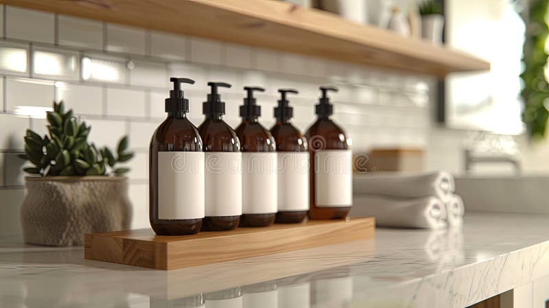 Close-up of Five Stylish Bottles of Shampoo and Conditioner in a Modern ...