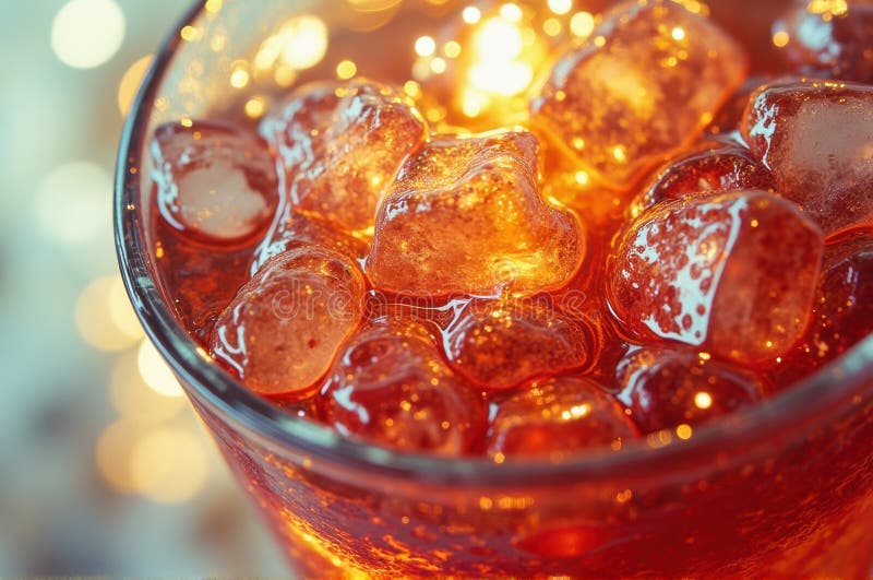 Close-up of Fizzy Drink with Ice Cubes and Sparkling Light Reflections ...