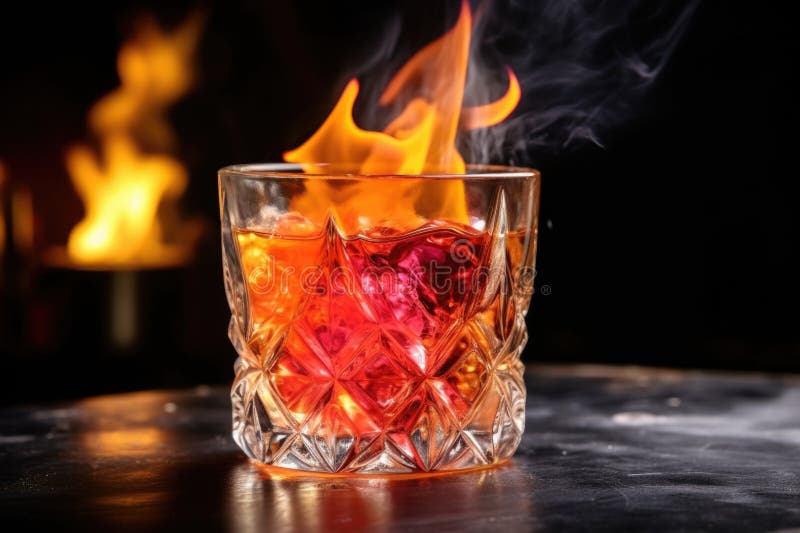 Close-up of Flaming Cocktail with Ice Cubes Stock Image - Image of ...