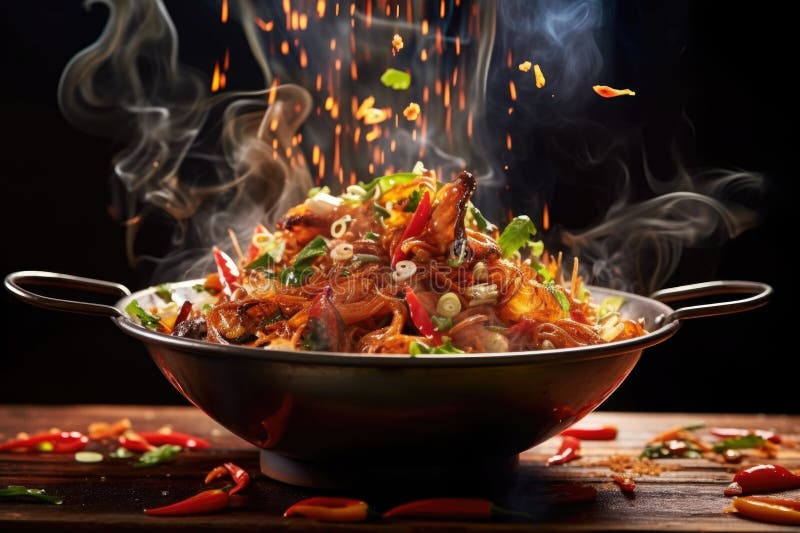Close-up of Flaming Wok with Flying Ingredients Stock Image - Image of ...