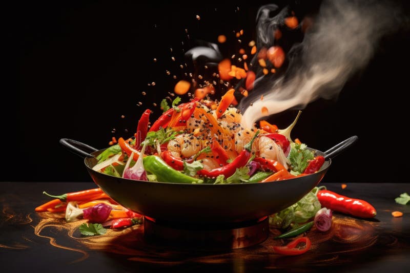 Close-up of Flaming Wok with Flying Ingredients Stock Photo - Image of ...
