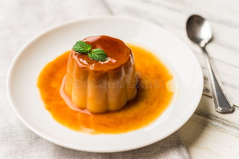 Close Up of a Flan Creme Caramel Pudding with Mint, a Custard Dessert ...