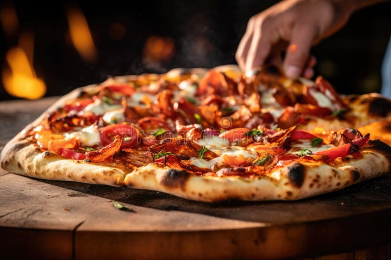 Close-up of a Flatbread Pizza Being Pulled from a Brick Oven, with the ...