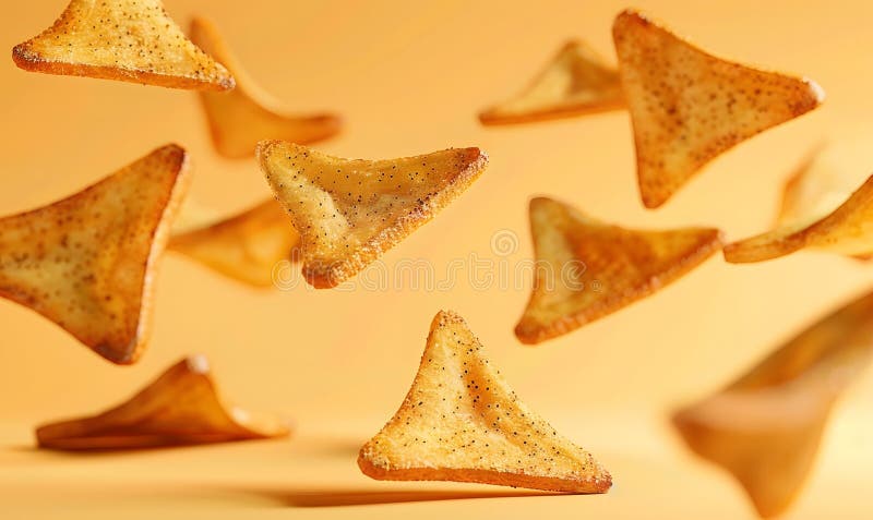 Close Up Floating Triangular Toasts Against Vibrant Yellow Background ...
