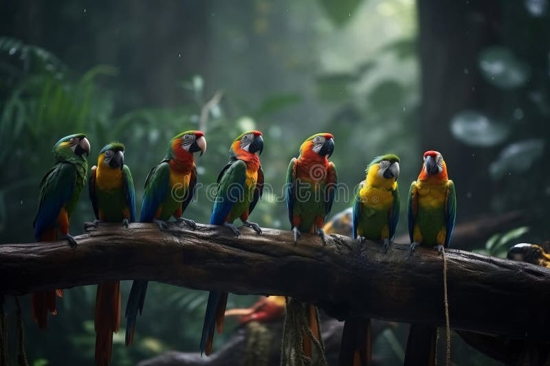 Close-up of Flock of Five Colorful Parrots Sitting on the Branch ...