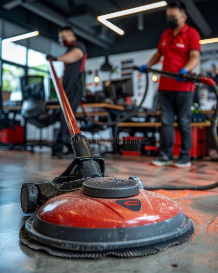 Close-up of Floor Cleaning Machine with Workers in Background ...