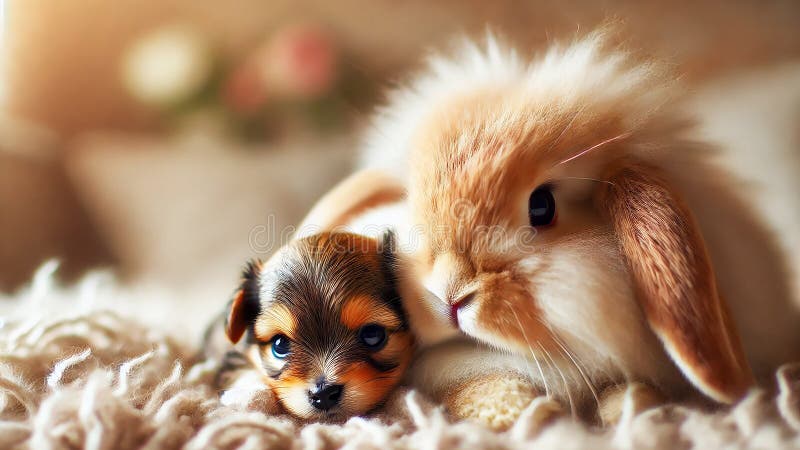 Close-up of a Fluffy Bunny Cuddling with a Small Puppy, with a Blurred ...