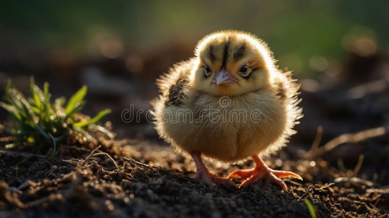 A Close-up of a Fluffy Chick Standing on the Ground, Illuminated by ...