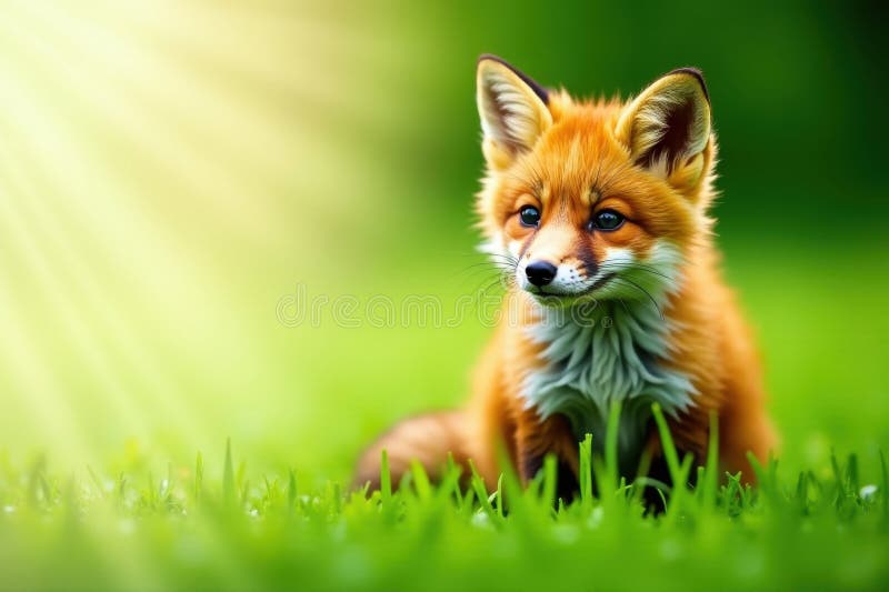 Close Up of a Fluffy Red Fox Kit Sitting in Green Grass , Nature, Fox ...