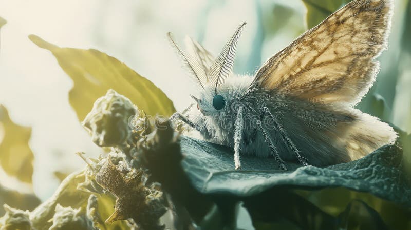 Close-up of a Fluffy White Moth Resting on a Leaf in Sunlight Stock ...