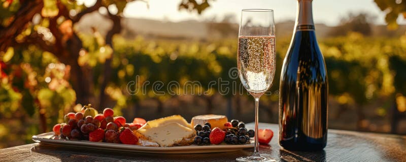 Close-up of a Flute of Sparkling Wine with a Bottle and Cheese Platter ...