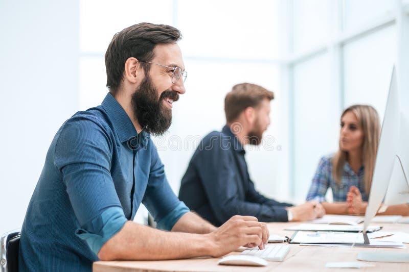 Close Up. Focused Business Man Working on a Computer Stock Image ...