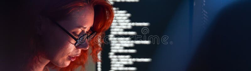 Close-up of Focused Programmer in Glasses Working at Computer. Code ...