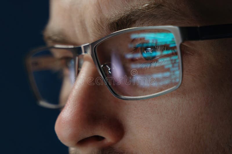 Close Up of Focused Software Engineer Wearing Glasses, Analyzing Code ...