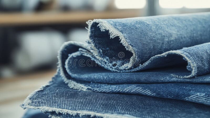 Close Up of Folded Denim Fabric Showing Texture and Frayed Edges Stock ...