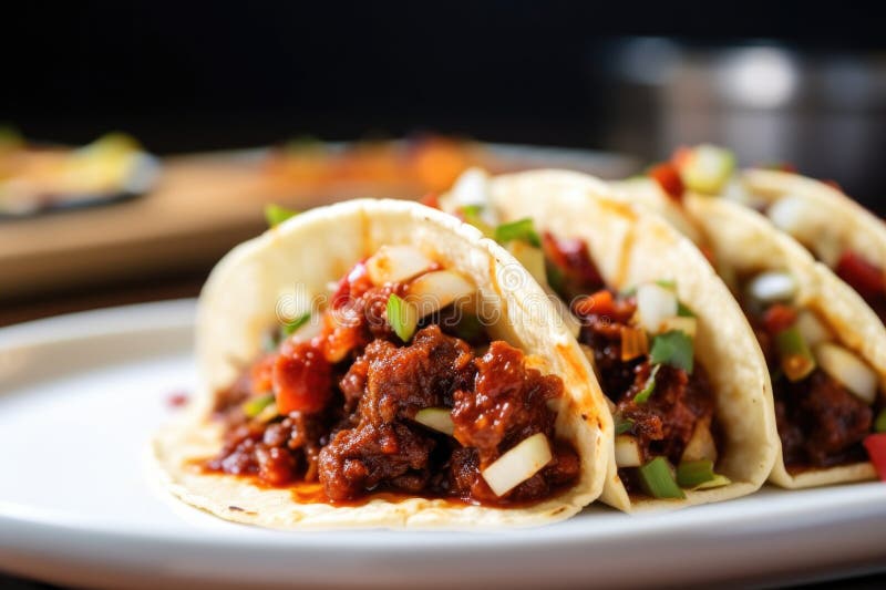 Close-up of a Folded, Soft-shell Taco Filled with Spicy Beef Stock ...