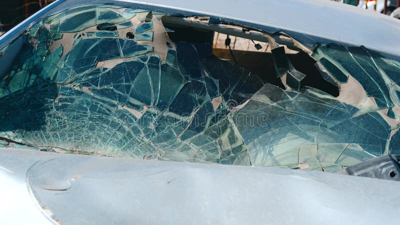 Close Up Footage of Crashed Front Window Car in Parking Lot Stock ...