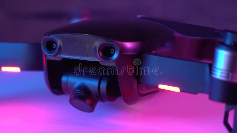 Close Up Footage of Drone Turn on Table and Lift Up Camera. Stock Photo ...