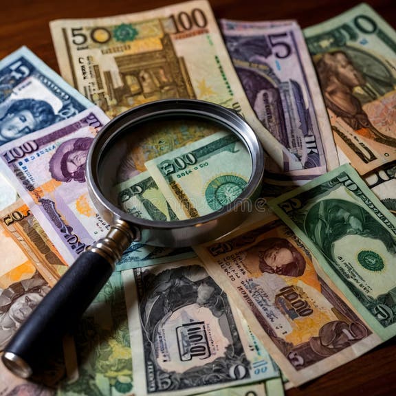 Close-Up of Foreign Currency Notes with Magnifying Glass Focused on ...