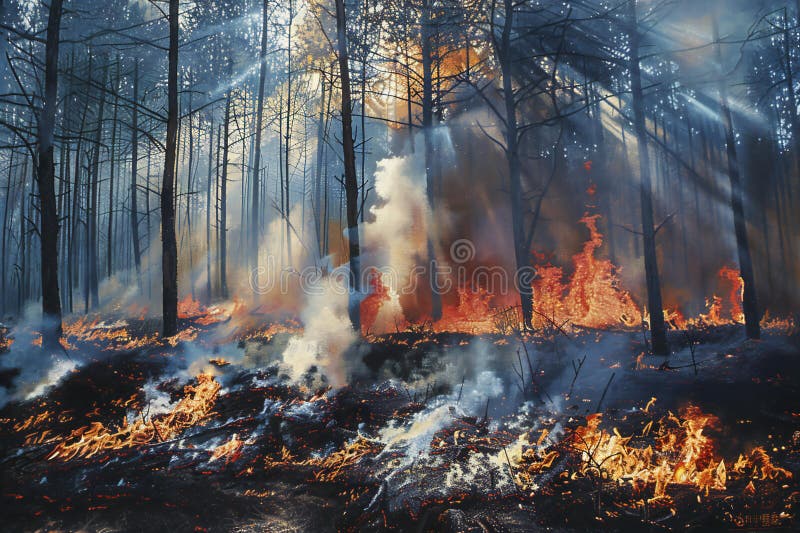 Close Up of a Forest Fire in a Pine Tree Clearing, with Smoke and ...