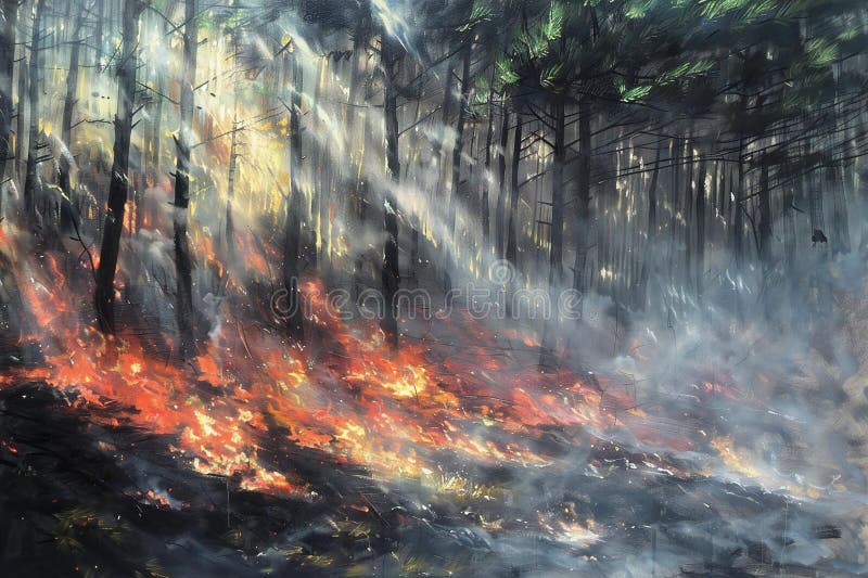 Close Up of a Forest Fire in a Pine Tree Clearing, with Smoke and ...