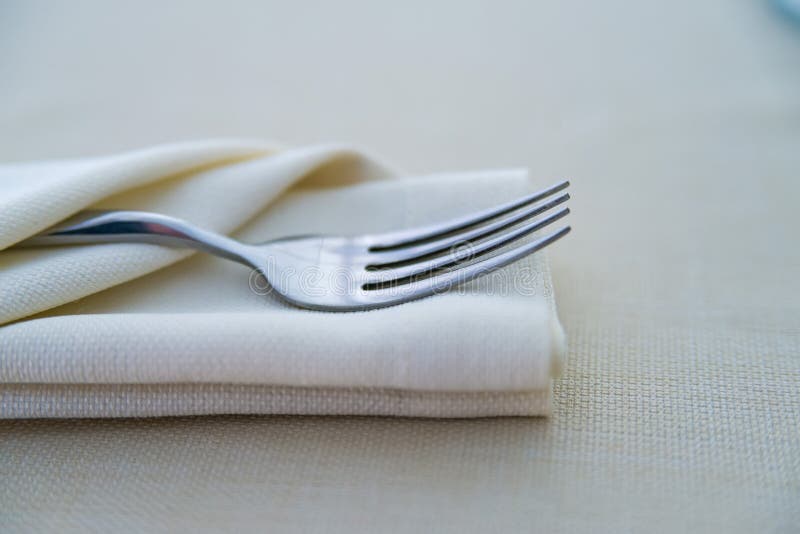 Close Up Fork on White Napkin in Restaurant Stock Image - Image of ...