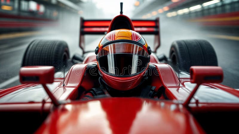 Close-up of a Red Racing Car Cockpit with the Driver in Bright Helmet ...