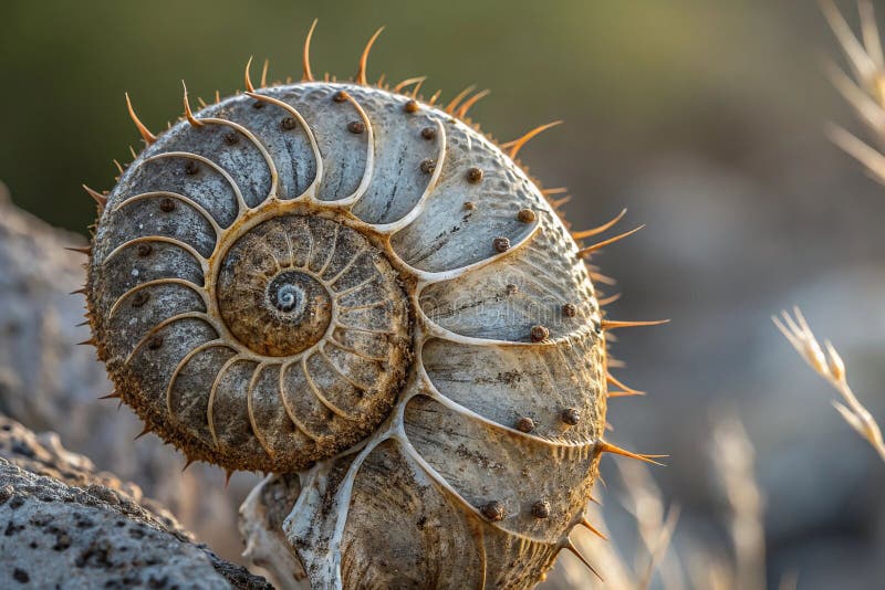 Close-up of Fossilized Ammonite with Spiky Shell Stock Illustration ...