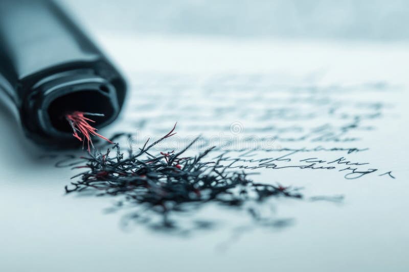 Close-up of Fountain Pen Ink Feathers on Cursive Manuscript Stock Image ...