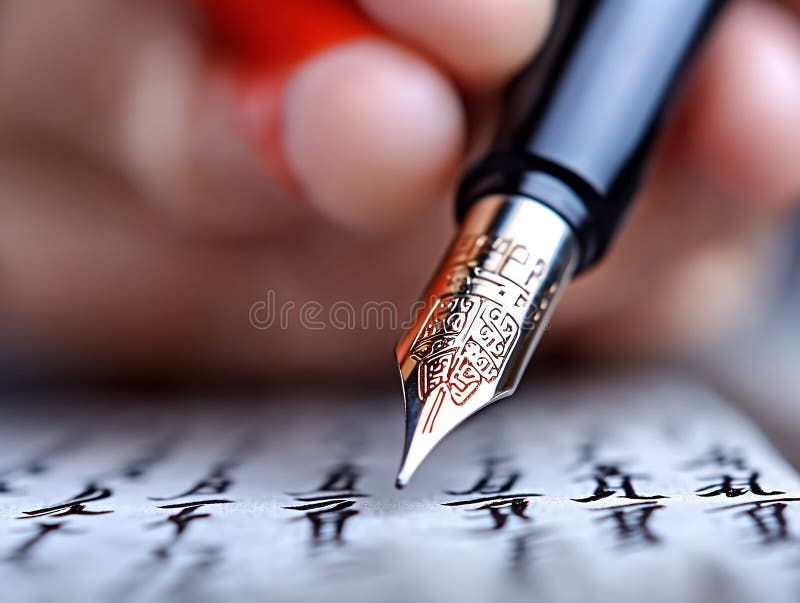 Close-up of Fountain Pen Writing with Elegant Calligraphy Script Stock ...