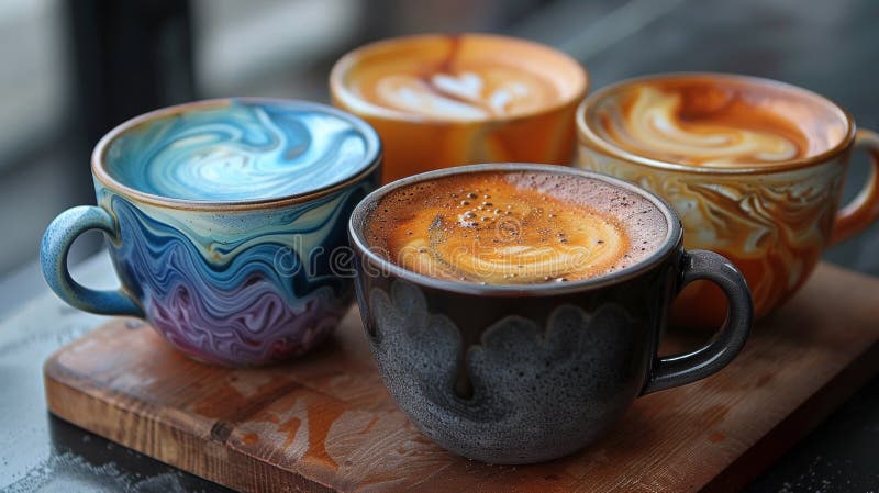 A Close Up of Four Cups with Different Colored Liquid in Them, AI Stock ...