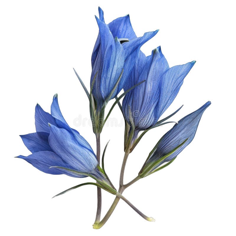 A Close-Up of Four Delicate Blue Flowers on a White Background Stock ...
