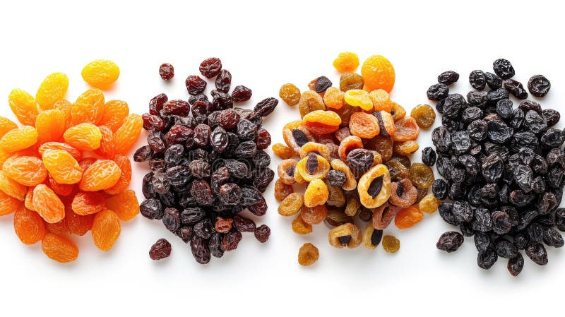 Close Up of Four Different Types of Dried Fruit, Including Raisins ...