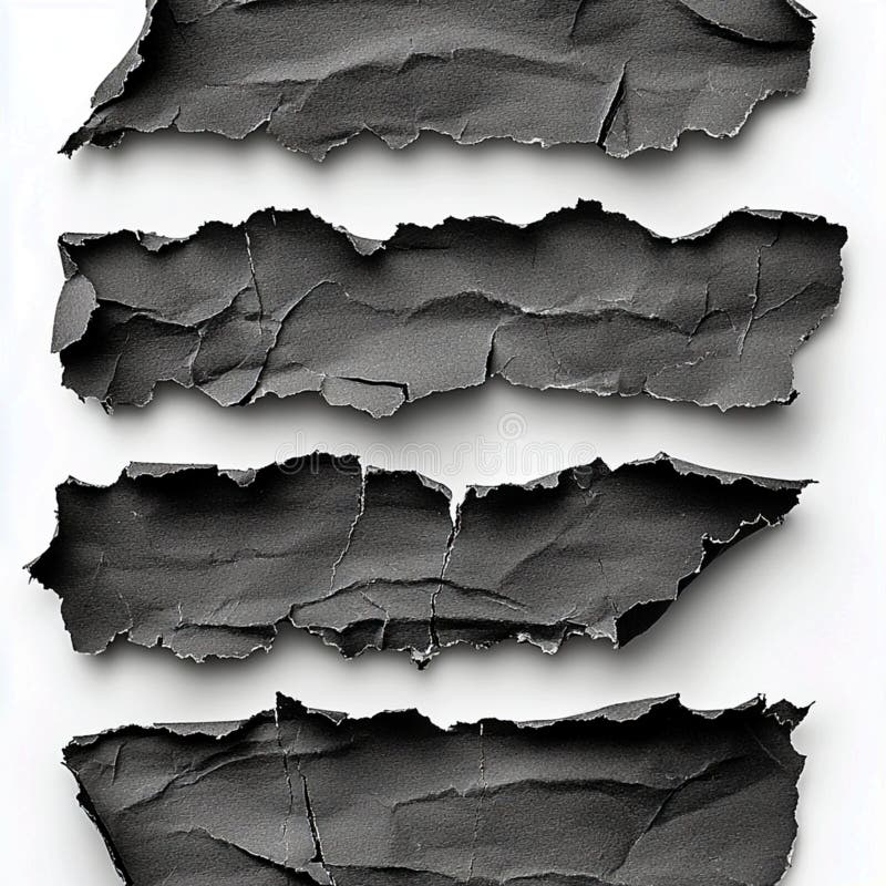 Close Up of Four Horizontal Strips of Torn Black Paper on a White ...