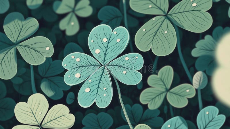 Close-up of a Four-leaf Clover with Dewdrops, Stylized Botanical ...